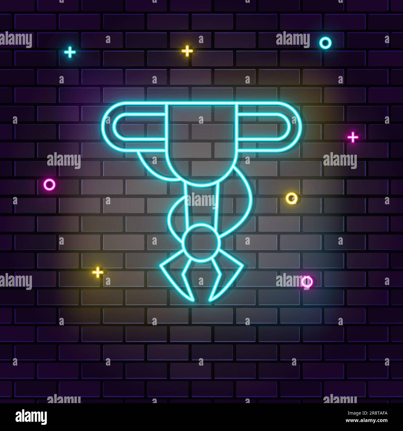 Hand, robotic, arm icon , neon on wall. Dark background brick wall neon ...