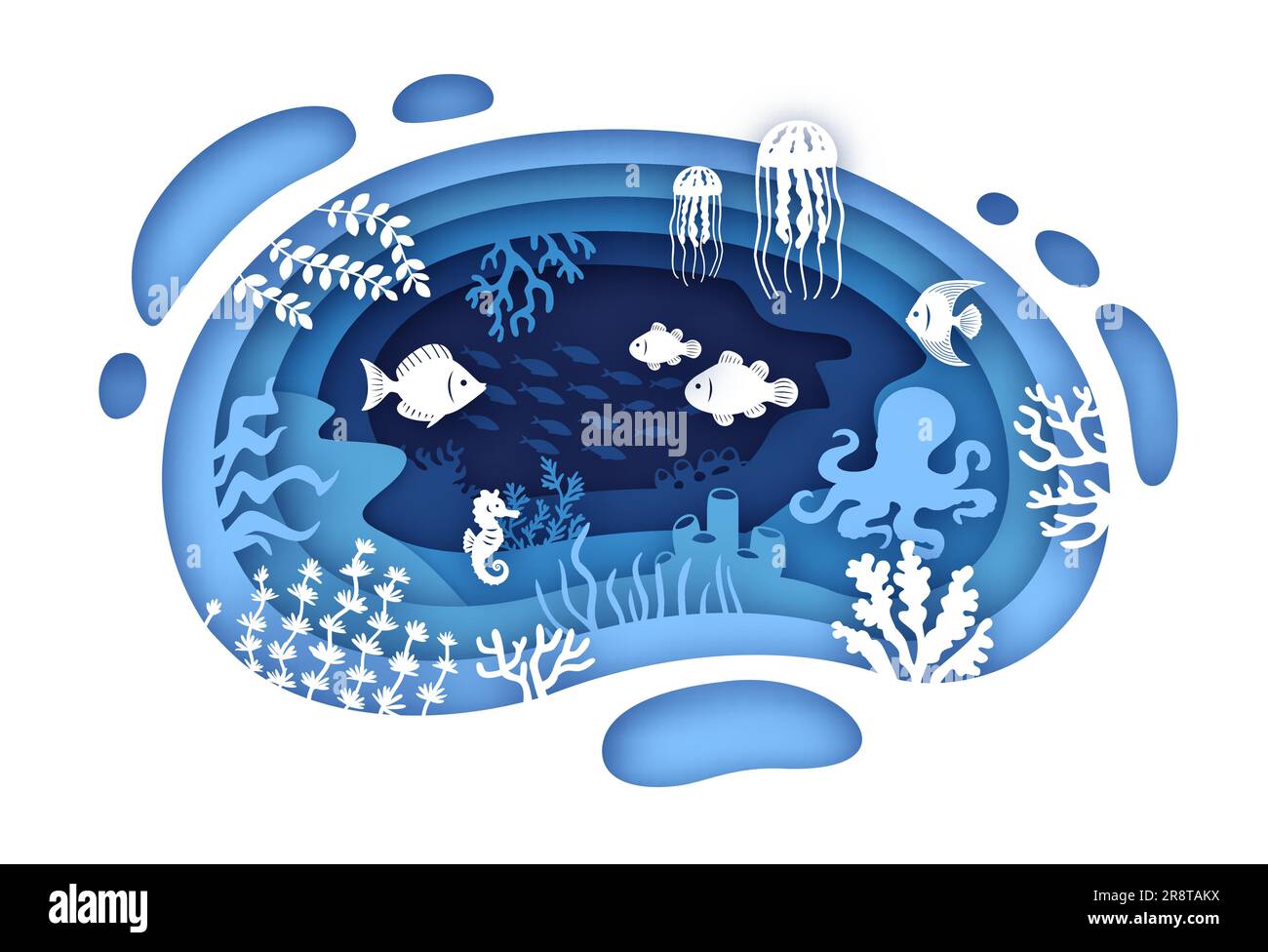 Underwater papercut. Ocean seabed fish seaweed coral reef silhouette ...