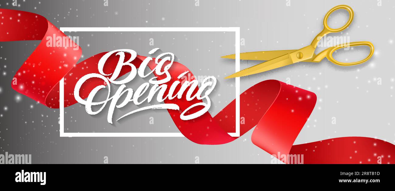 Big opening sparkling banner design with frame, scissors and ribbon ...