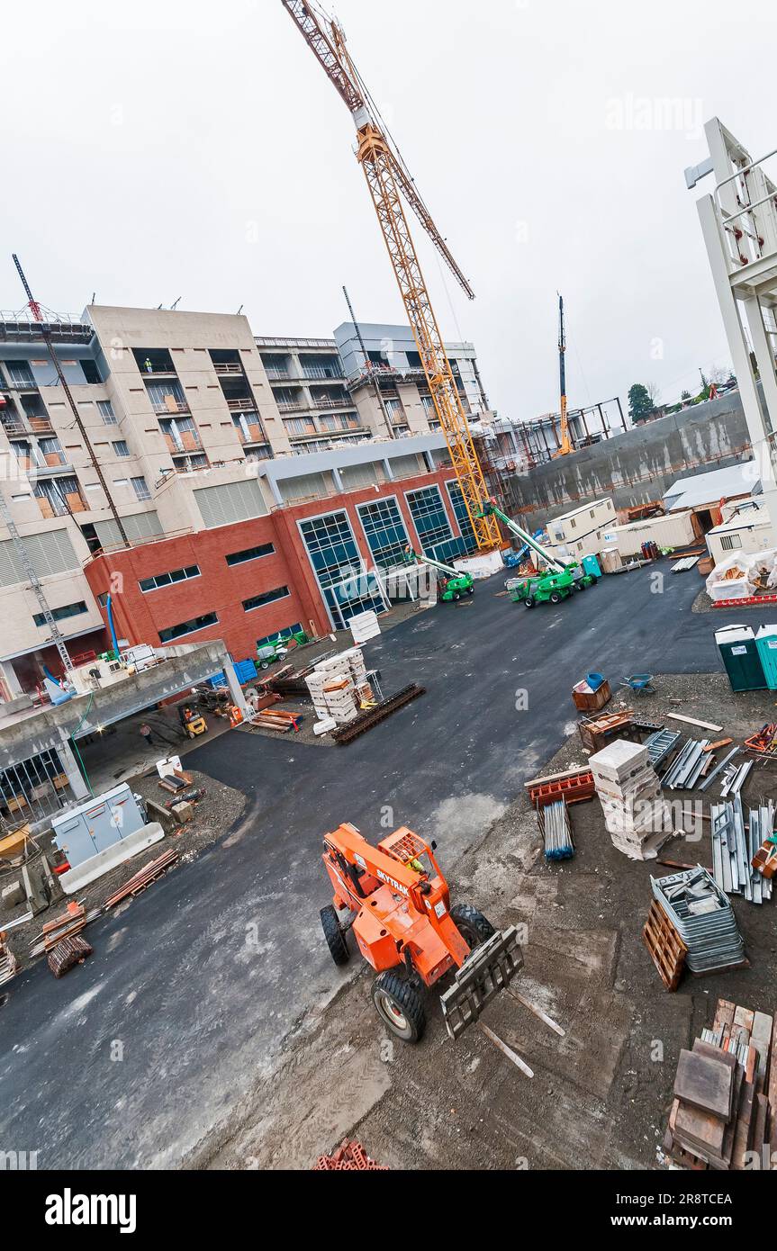Construction of a hospital type building taken at an oblique angle ...