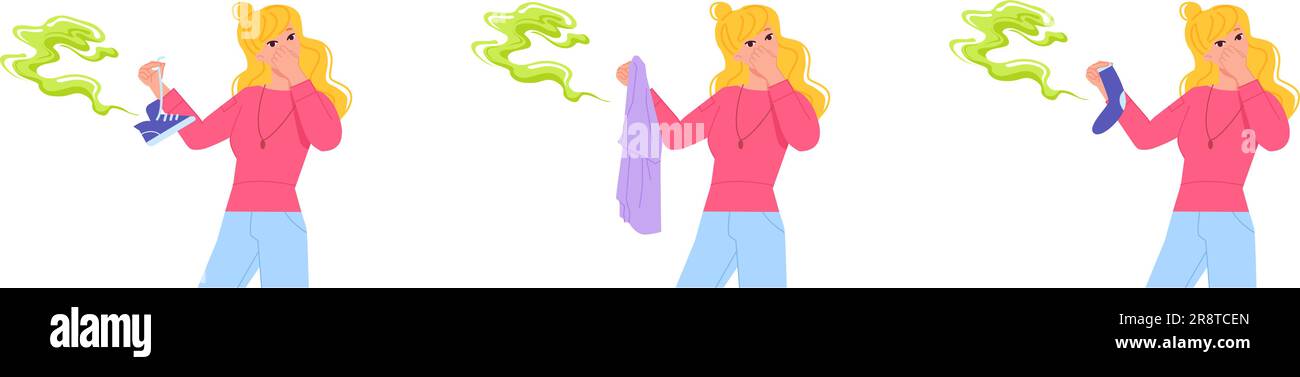 Woman holding smelly clothes. Girl with close nose hold smelling dirty ...