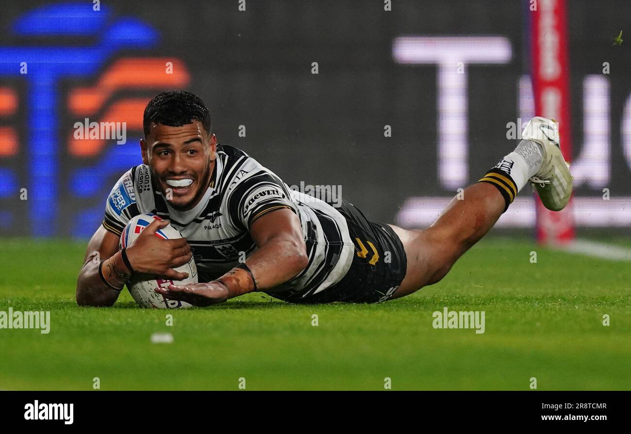 Hull FC’s Darnell McIntosh scores their fifth try with his team mates ...