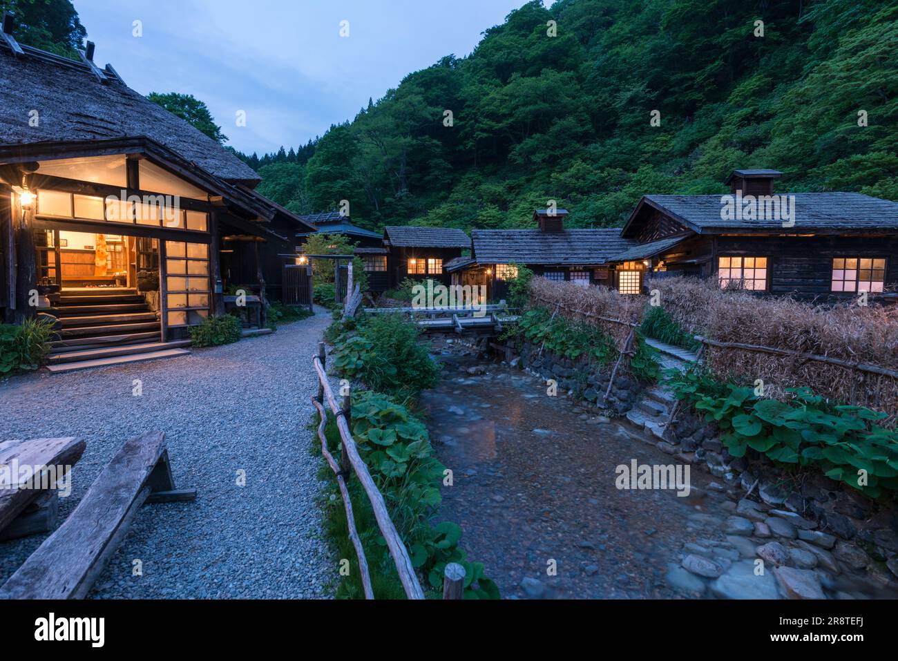 Landscape of Tsurunoyu onsen near Nyuto onsen village at dusk Stock ...