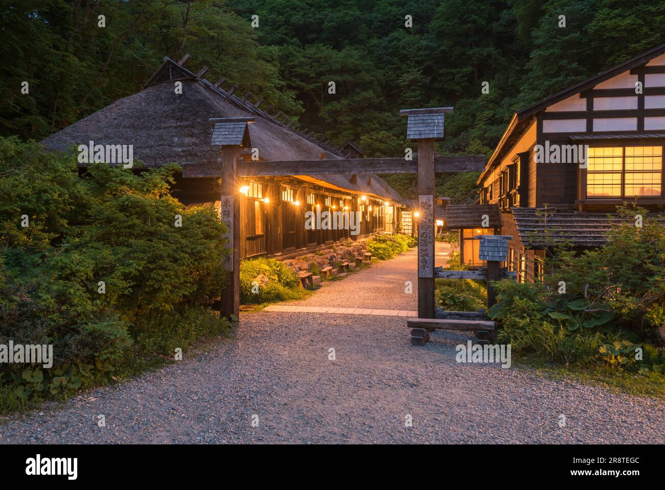 Landscape of Tsurunoyu onsen near Nyuto onsen village at dusk Stock ...