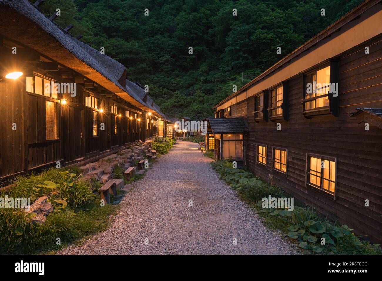 Landscape of Tsurunoyu onsen near Nyuto onsen village at dusk Stock ...