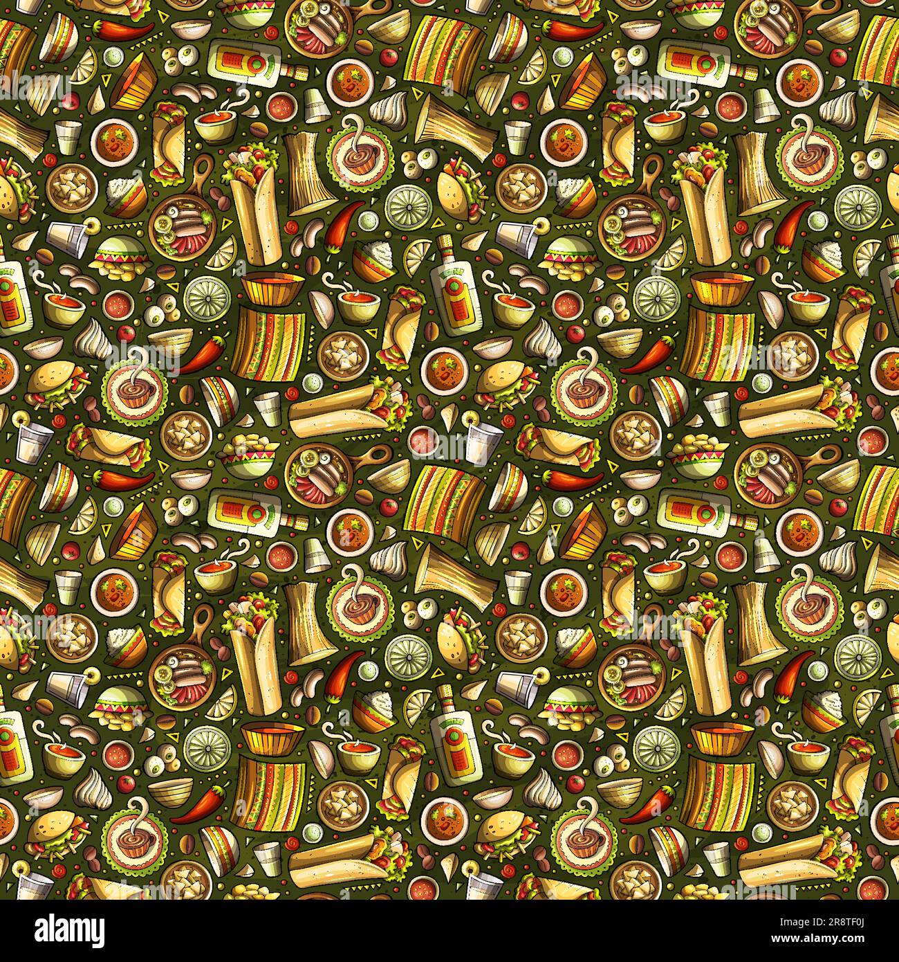 Mexican Food doodles seamless pattern. Ethnic Cuisine background ...