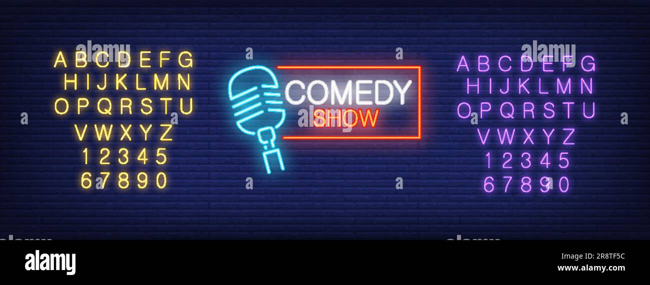 Neon alphabet and Comedy Show with mike over brick background ...