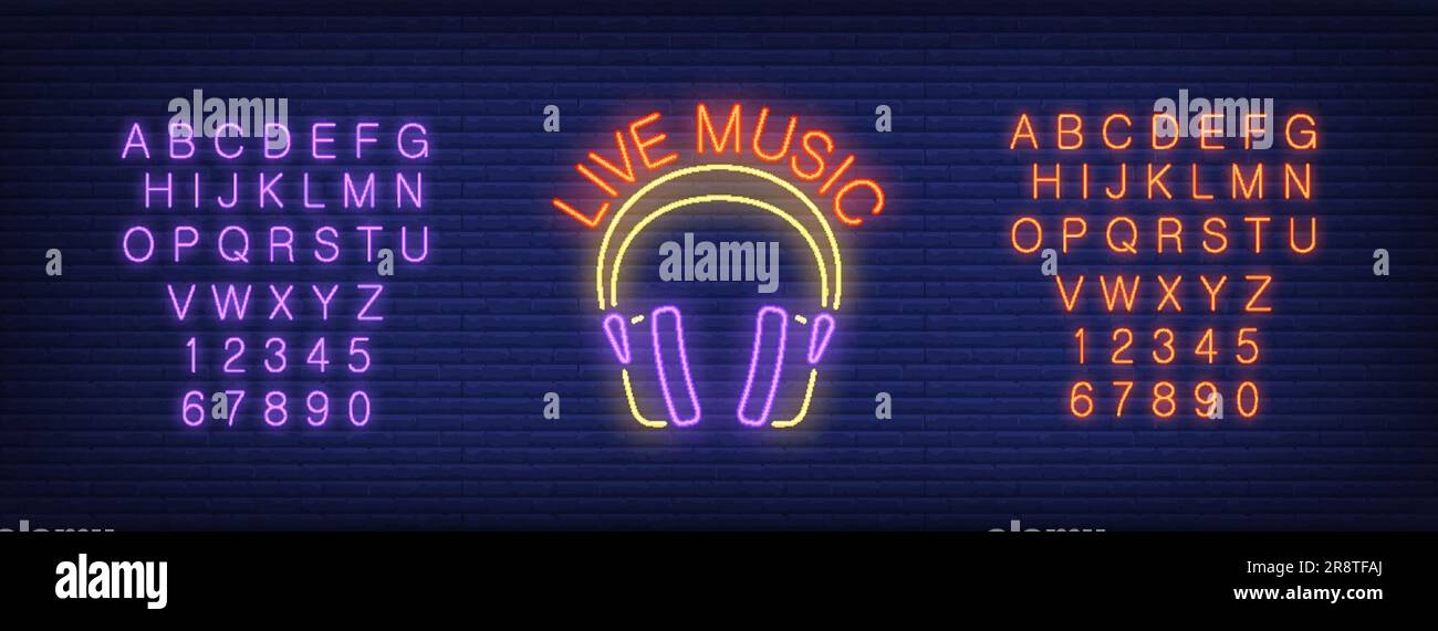 Neon alphabet and headphones on brick background. Signboard template ...