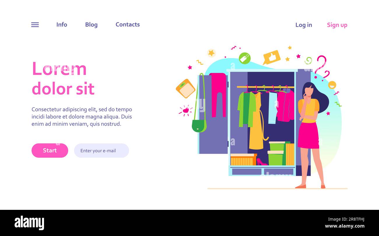 Woman standing at open wardrobe and choosing clothes Stock Vector Image ...