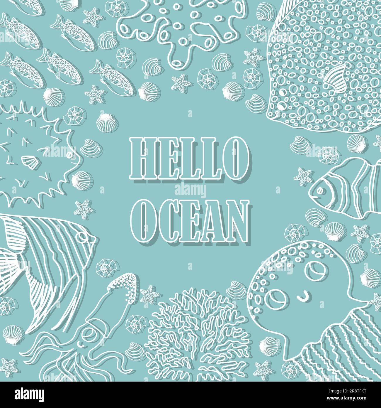 Vector ocean illustration with fish,jellyfish,squid,corals,algae,shell ...