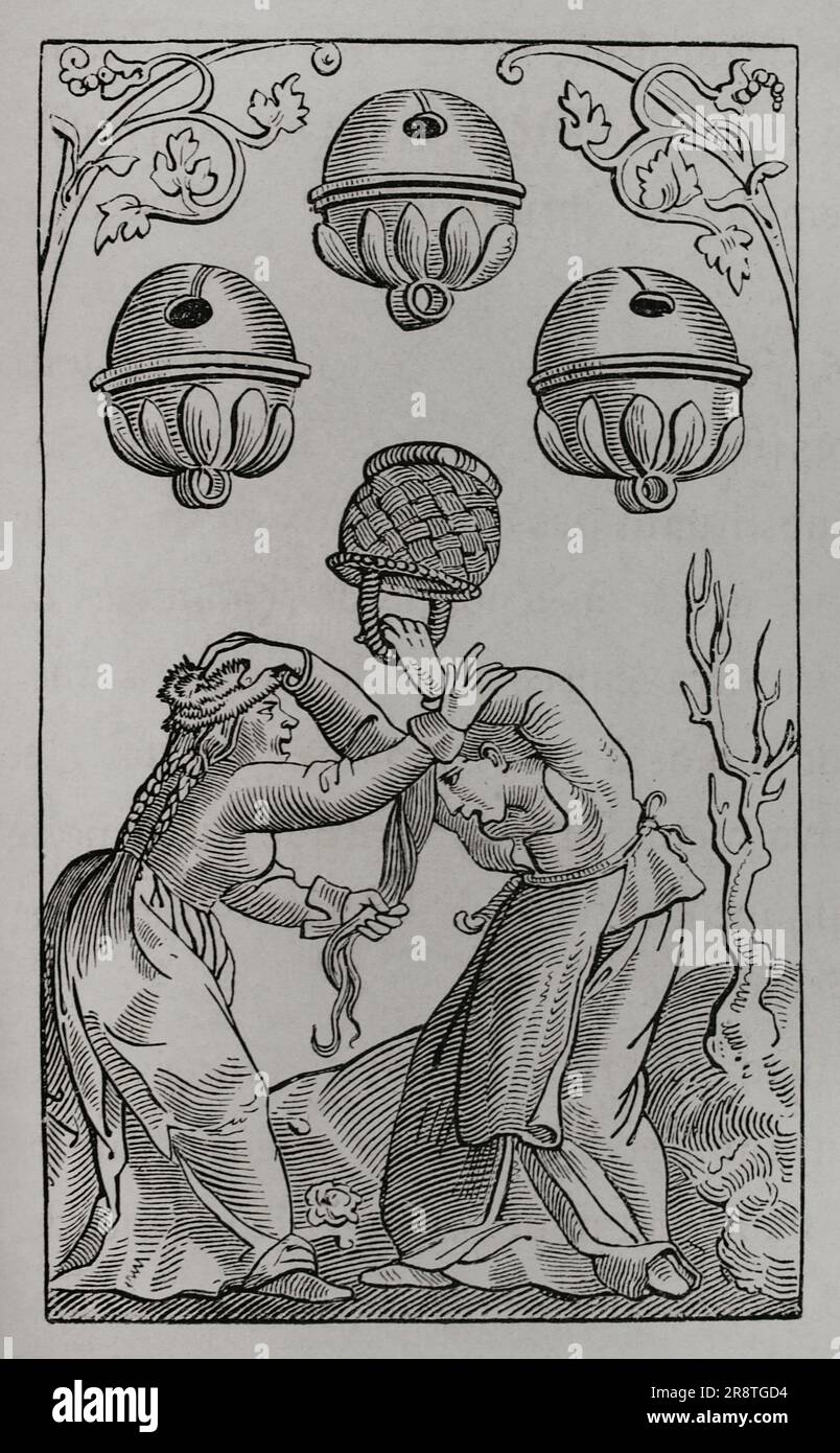 Three of Bells. German playing cards from the 16th century. Engraving ...