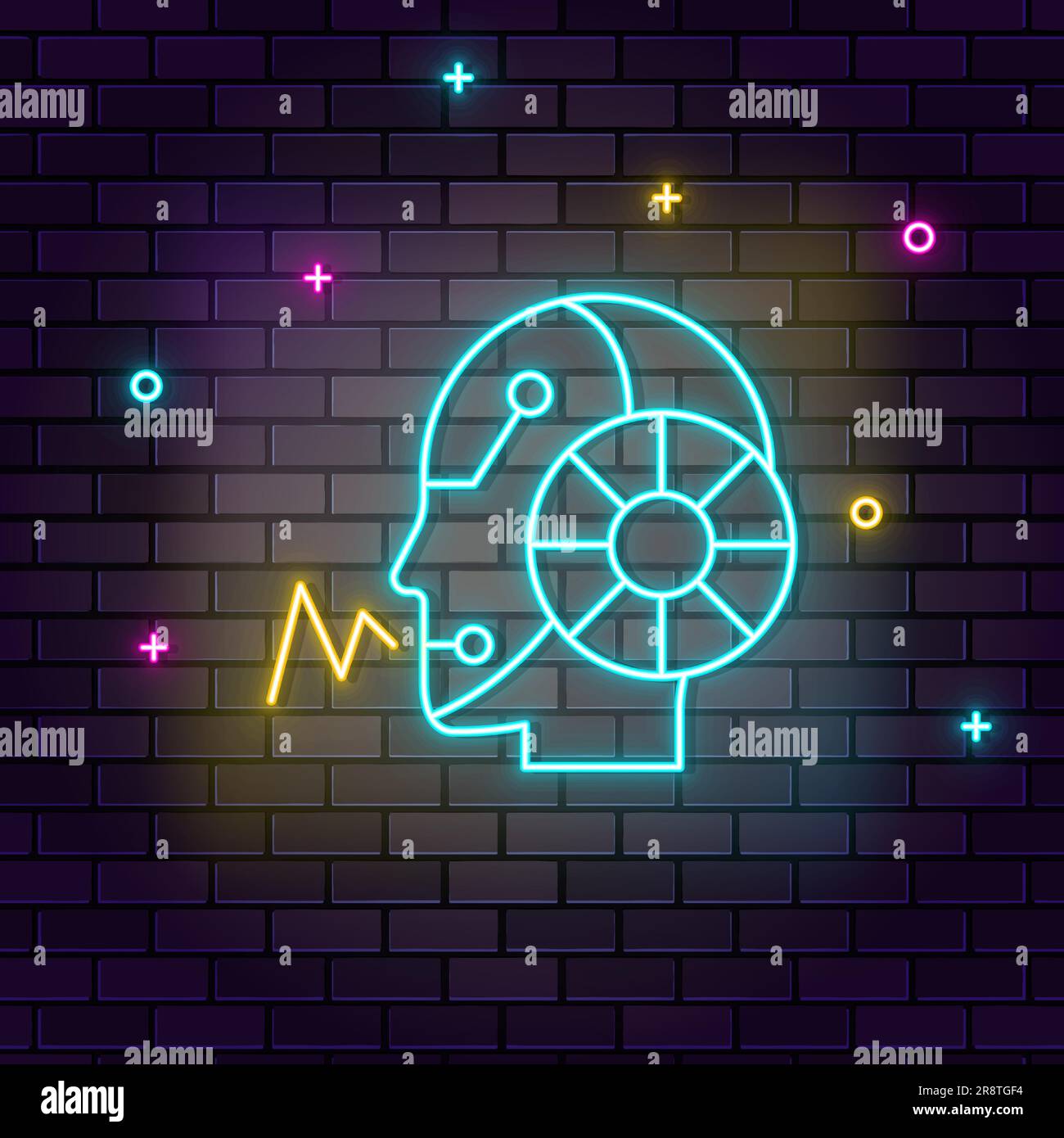 Communication, digital, robot, speak icon , neon on wall. Dark ...