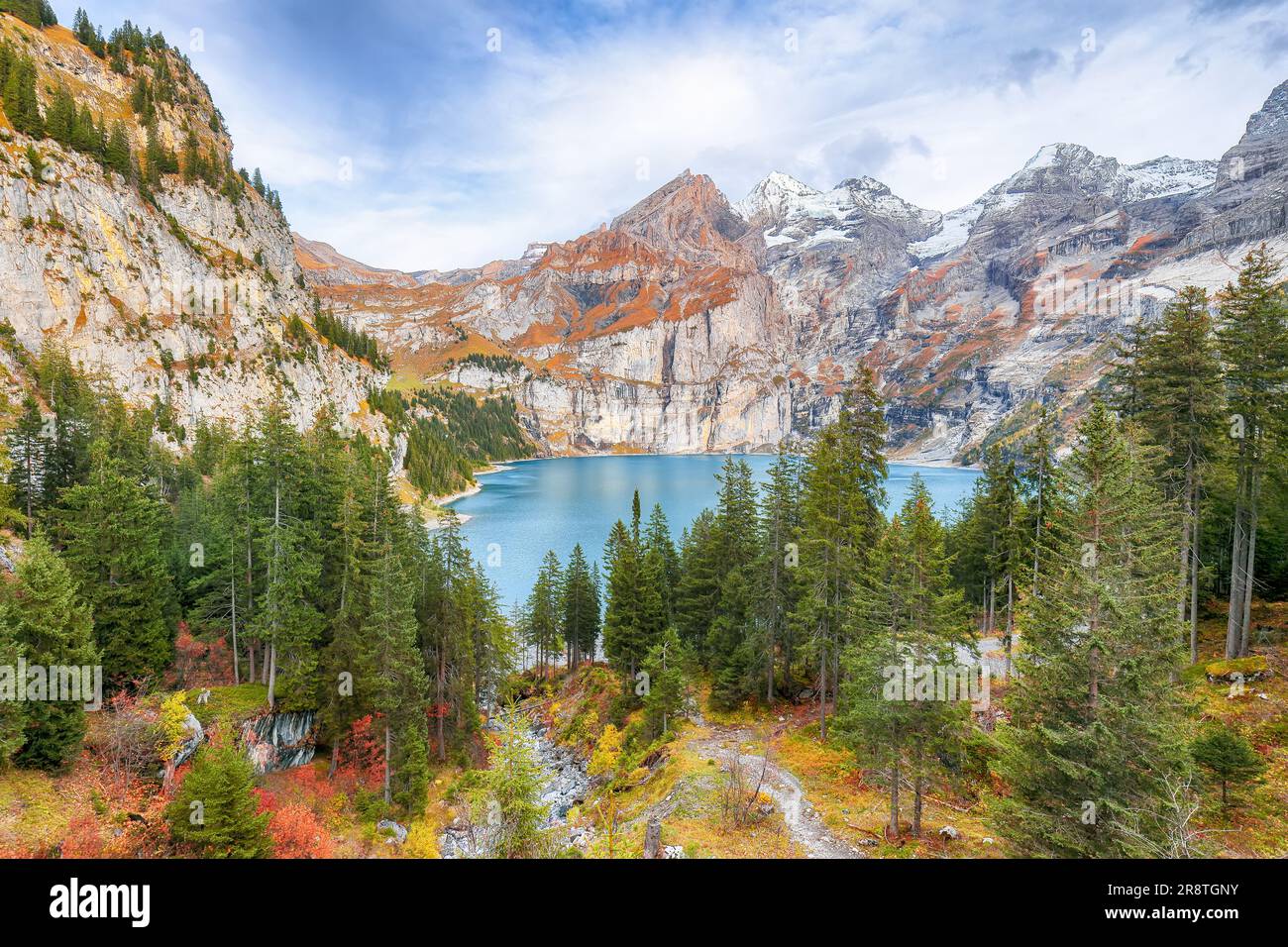 Amazing autumn view of Oeschinensee Lake. Scene of Swiss Alps with ...