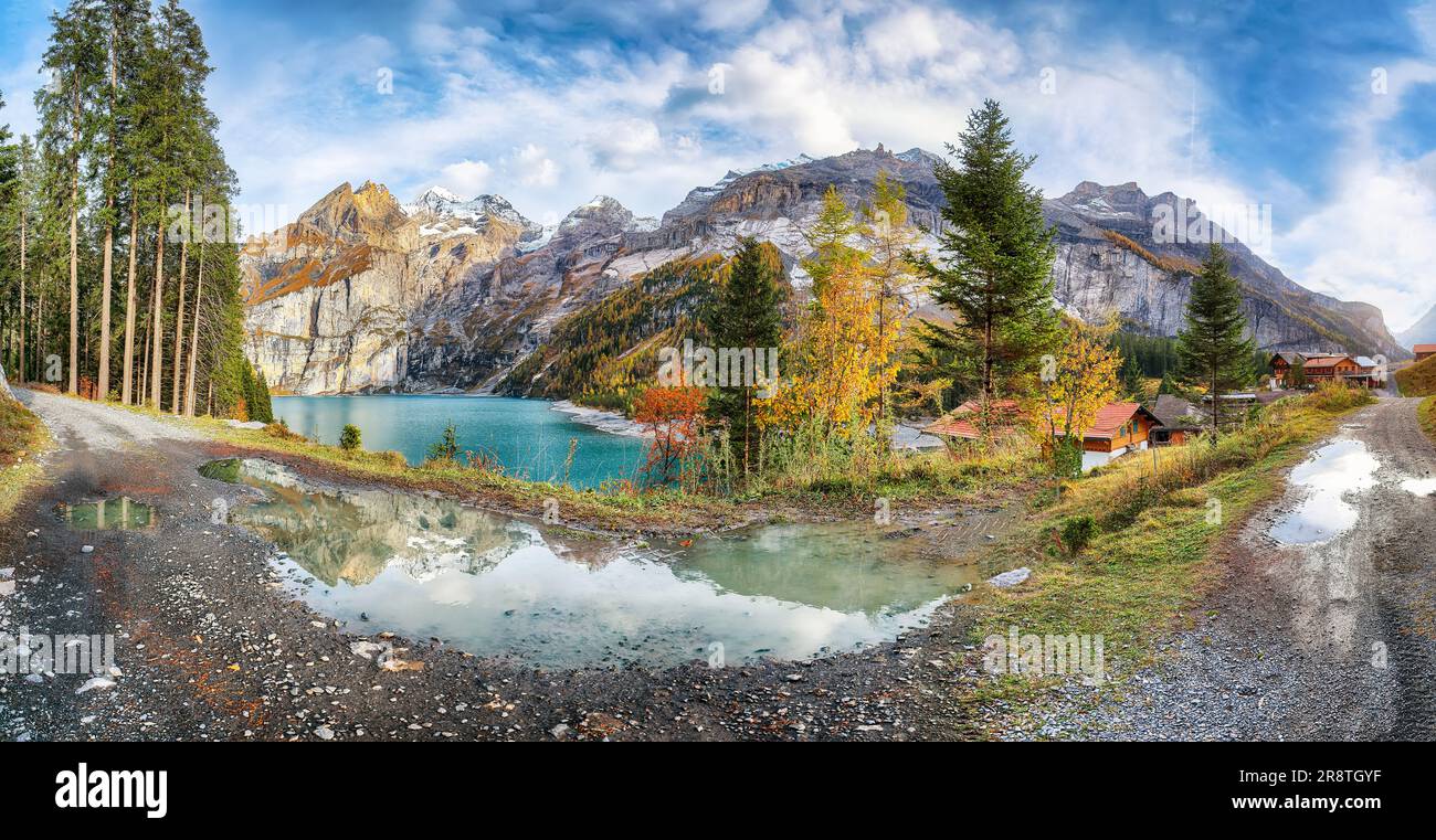 Amazing autumn view of Oeschinensee Lake. Scene of Swiss Alps with ...