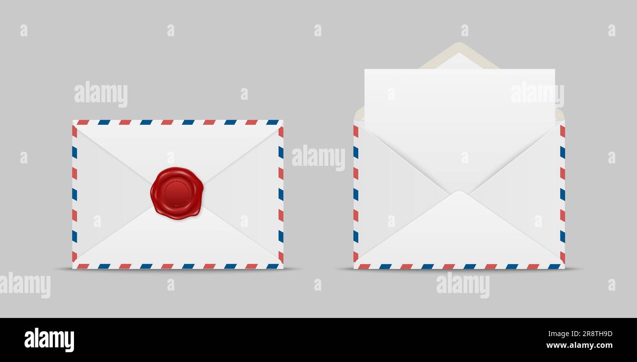 Vector Envelopes with Red Wax Seal and Blank Letter. Folded, Unfolded Isolated Envelope Set in ...