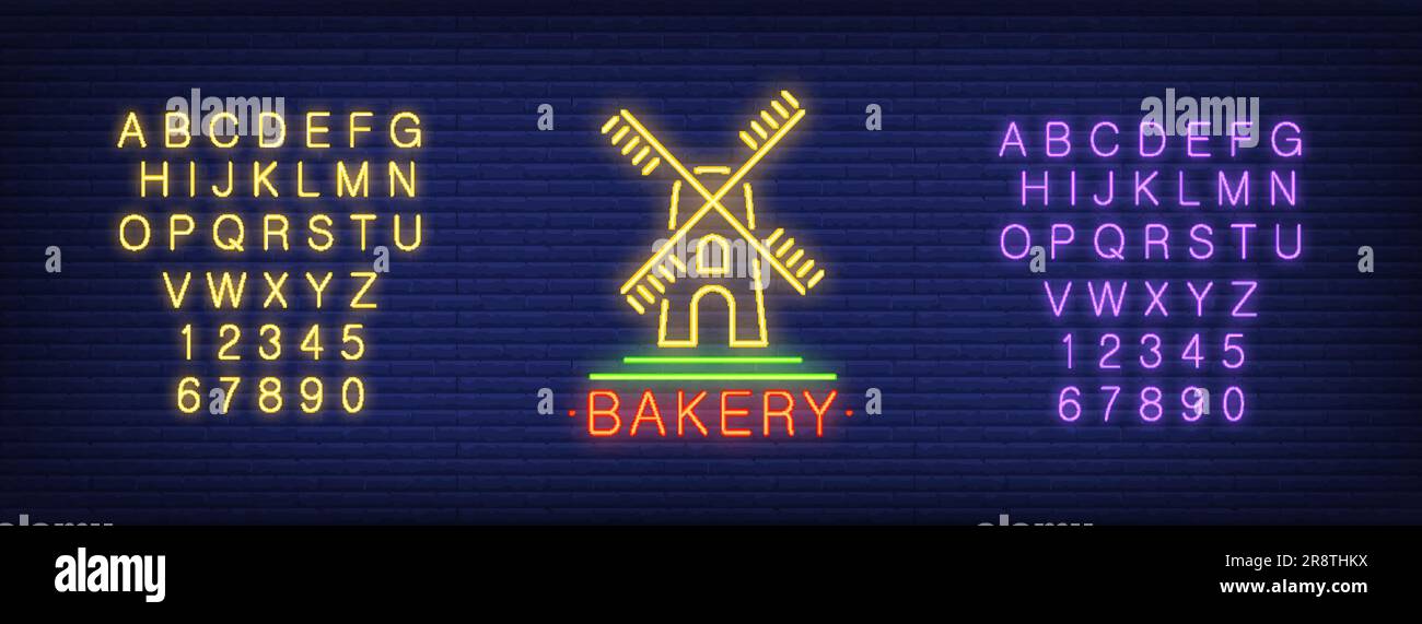 Neon alphabet and mill with Bakery lettering over brick background ...