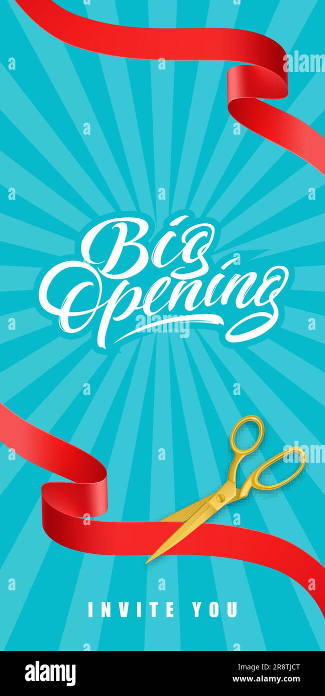 Big opening, invite you banner design with scissors and red ribbons ...