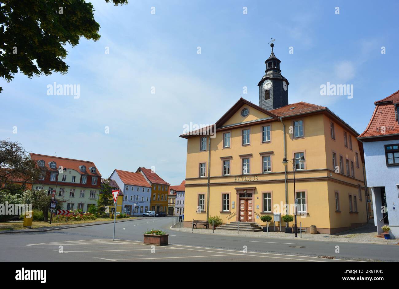 Bürgel, Germany, town hall, Rathaus with main square and parking lots ...