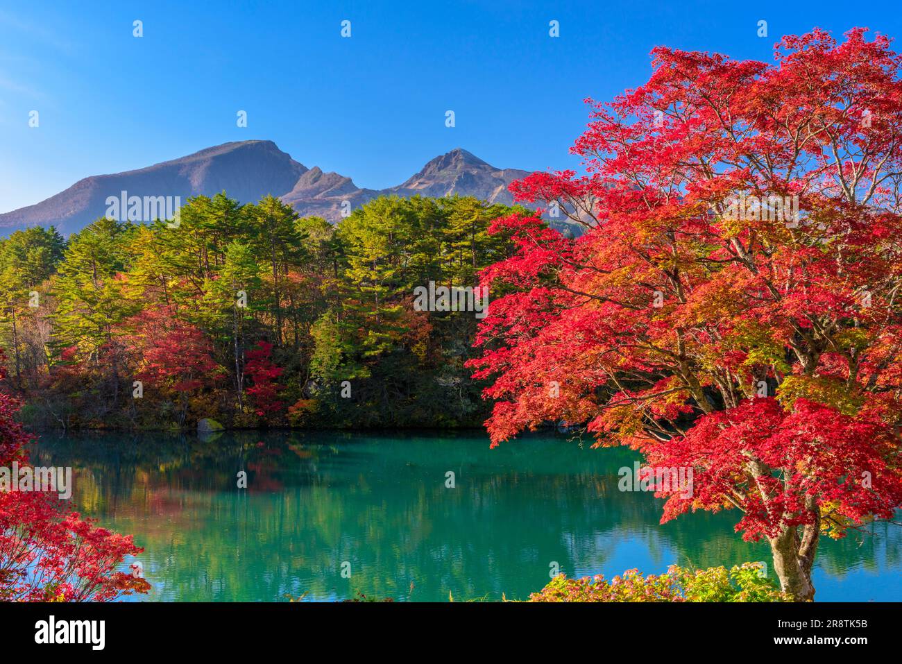 Urabandai Goshikinuma and Mt.Bandai in Autumn Stock Photo - Alamy