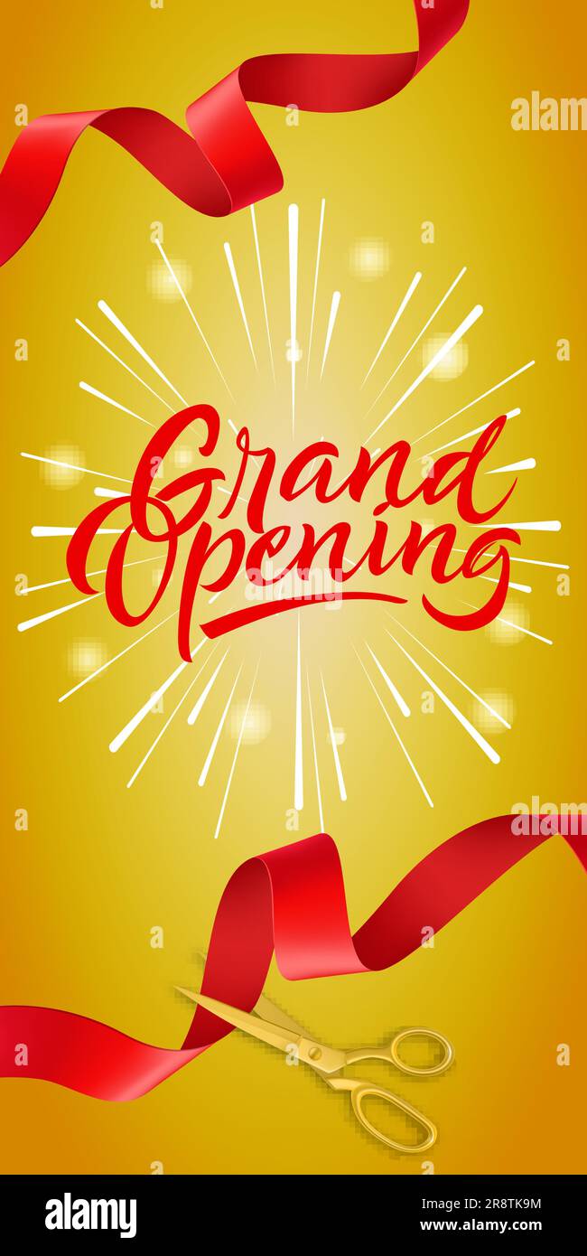 Grand opening vertical banner design with scissors and red ribbons ...