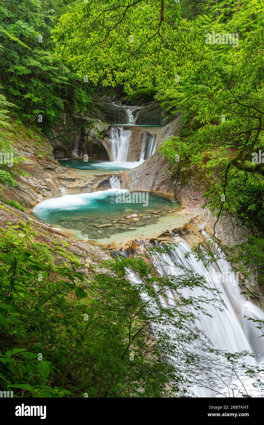 Nishizawa Valley Nanatsugama five-stage waterfall in summer Stock Photo ...