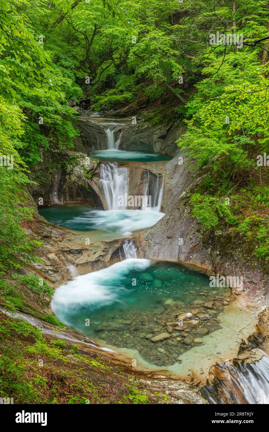 Nishizawa Valley Nanatsugama five-stage waterfall in summer Stock Photo ...