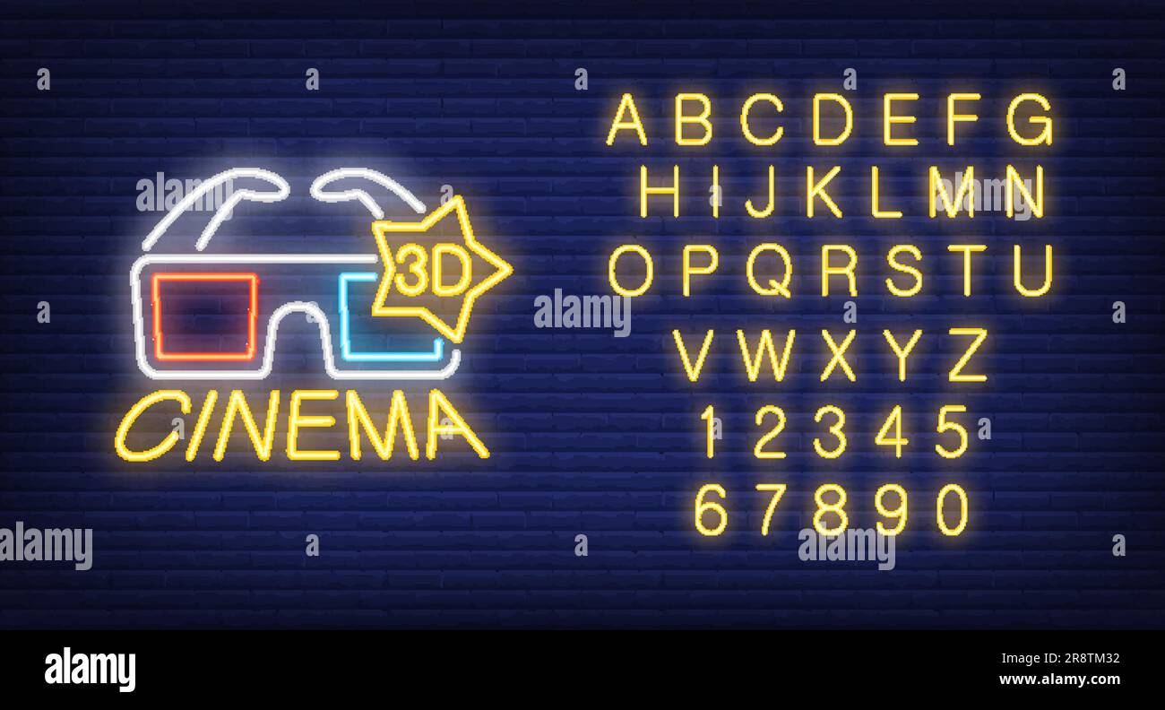 Cinema lettering, 3D glasses, English alphabet and numbers Stock Vector ...