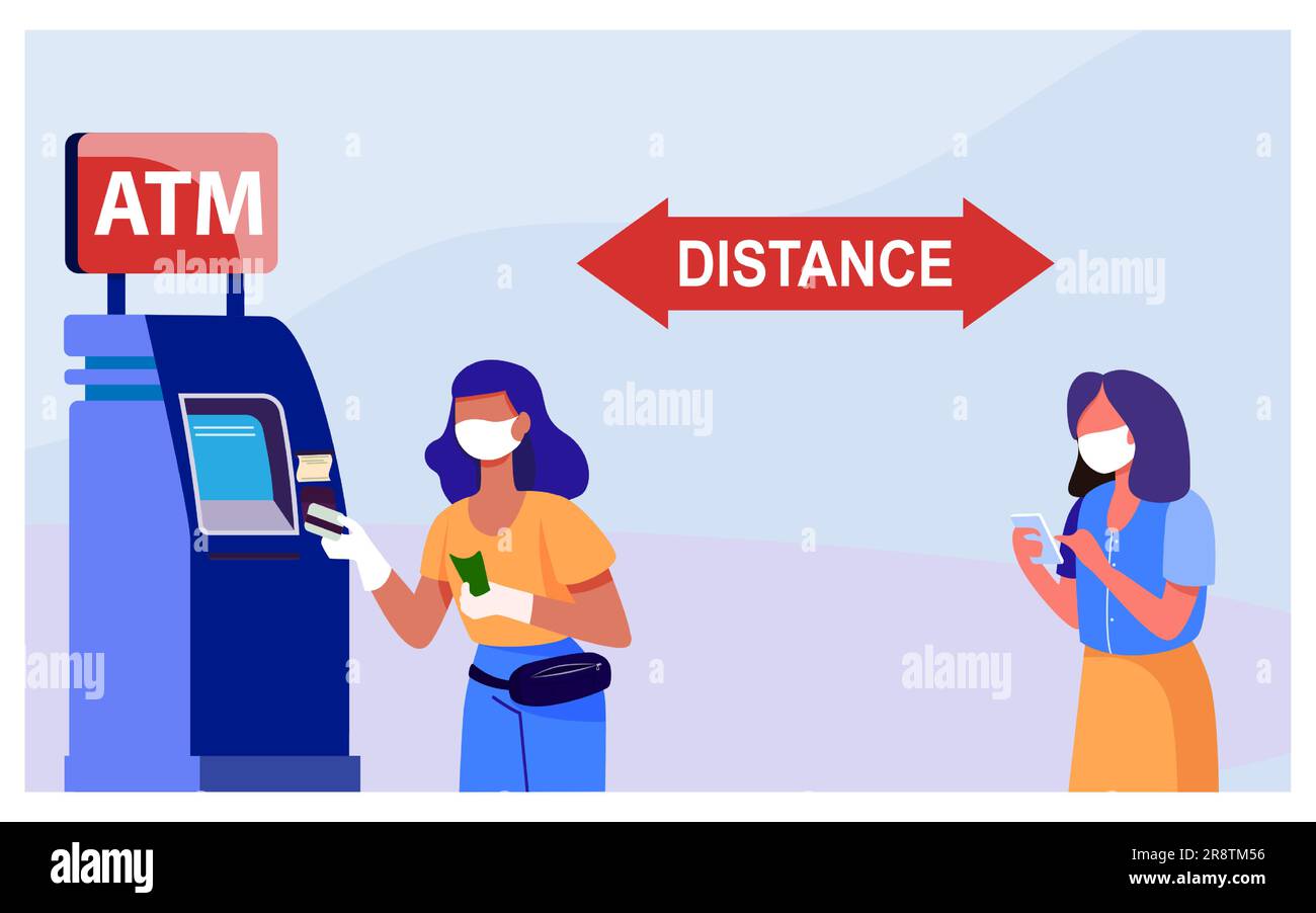 Women using ATM and keeping distance Stock Vector Image & Art - Alamy