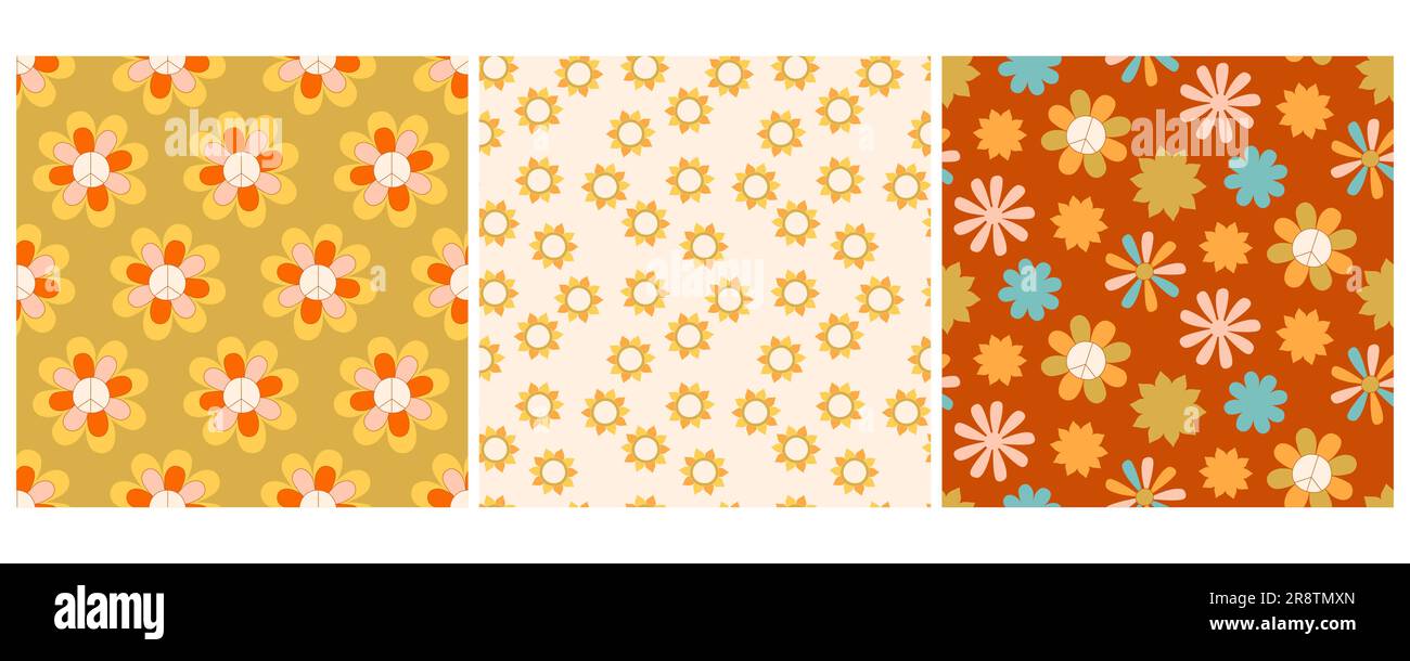 Summer Daisy Floral 70s Retro Seamless Pattern Set Stock Vector Image ...