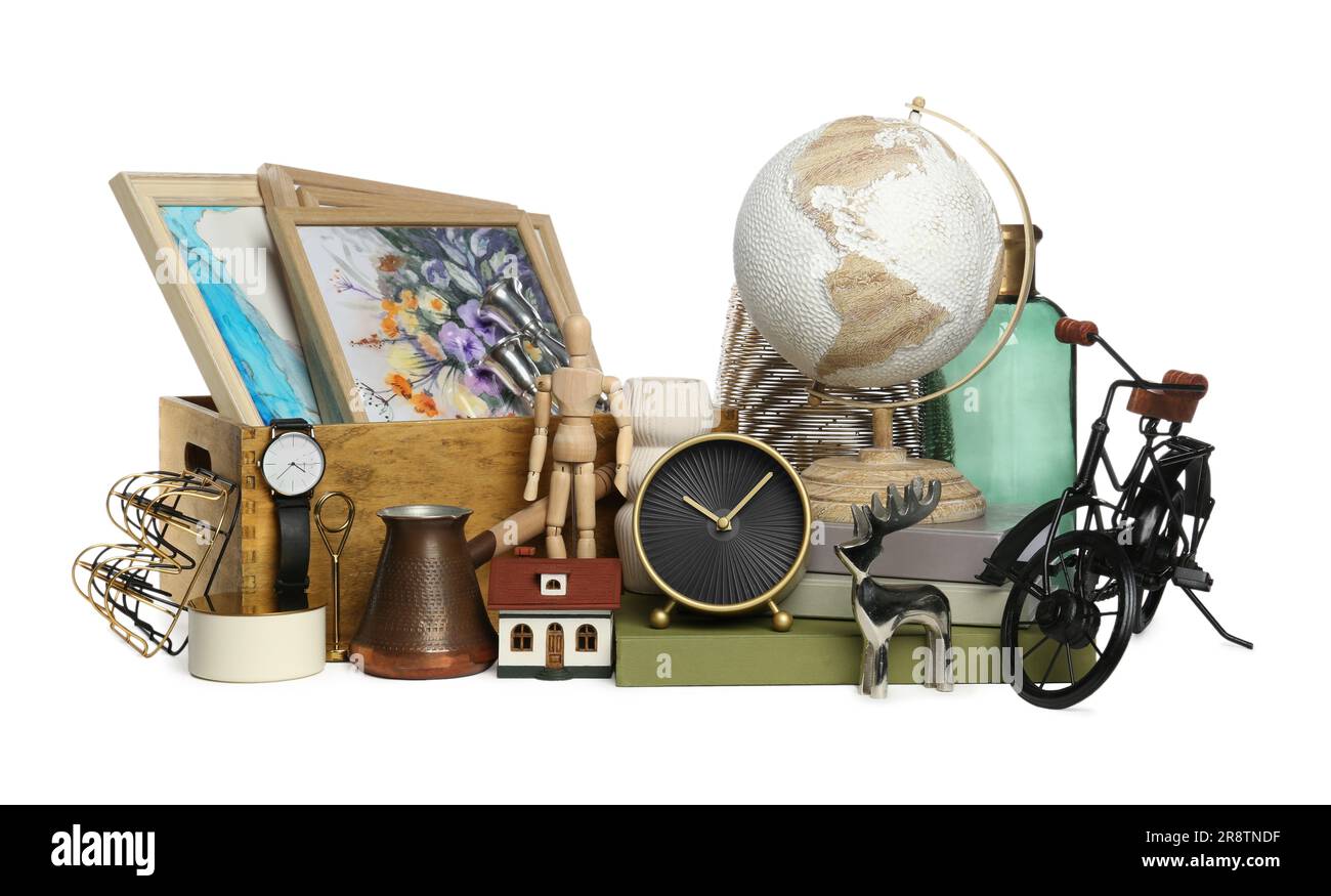 Many different stuff isolated on white. Garage sale Stock Photo - Alamy