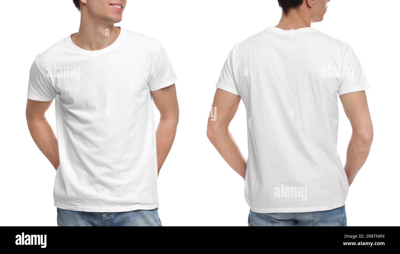 Collage with photos of man in stylish t-shirt on white background ...