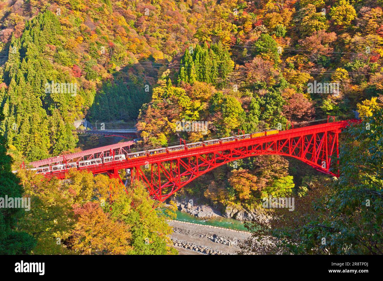 Kurobe gorge railway, Yamabikobashi bridge and a trolley train Stock ...