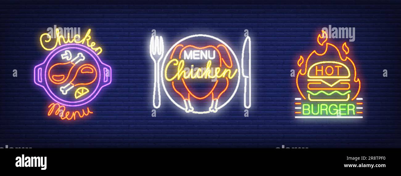 Chicken menu, hot burger neon sign set Stock Vector Image & Art - Alamy