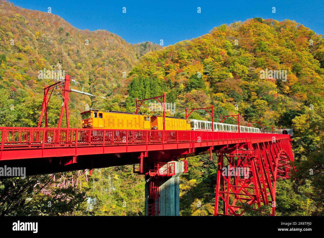 Kurobe gorge railway, Yamabikobashi bridge and a trolley train Stock Photo - Alamy