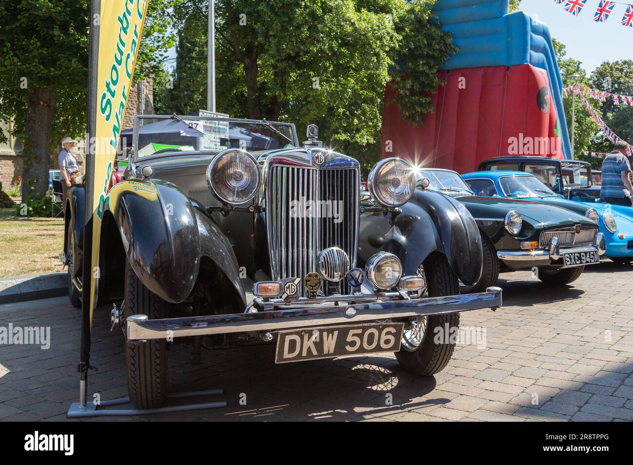 A 1938 MG VA parked in line at a vintage and classic car show. 1930's ...