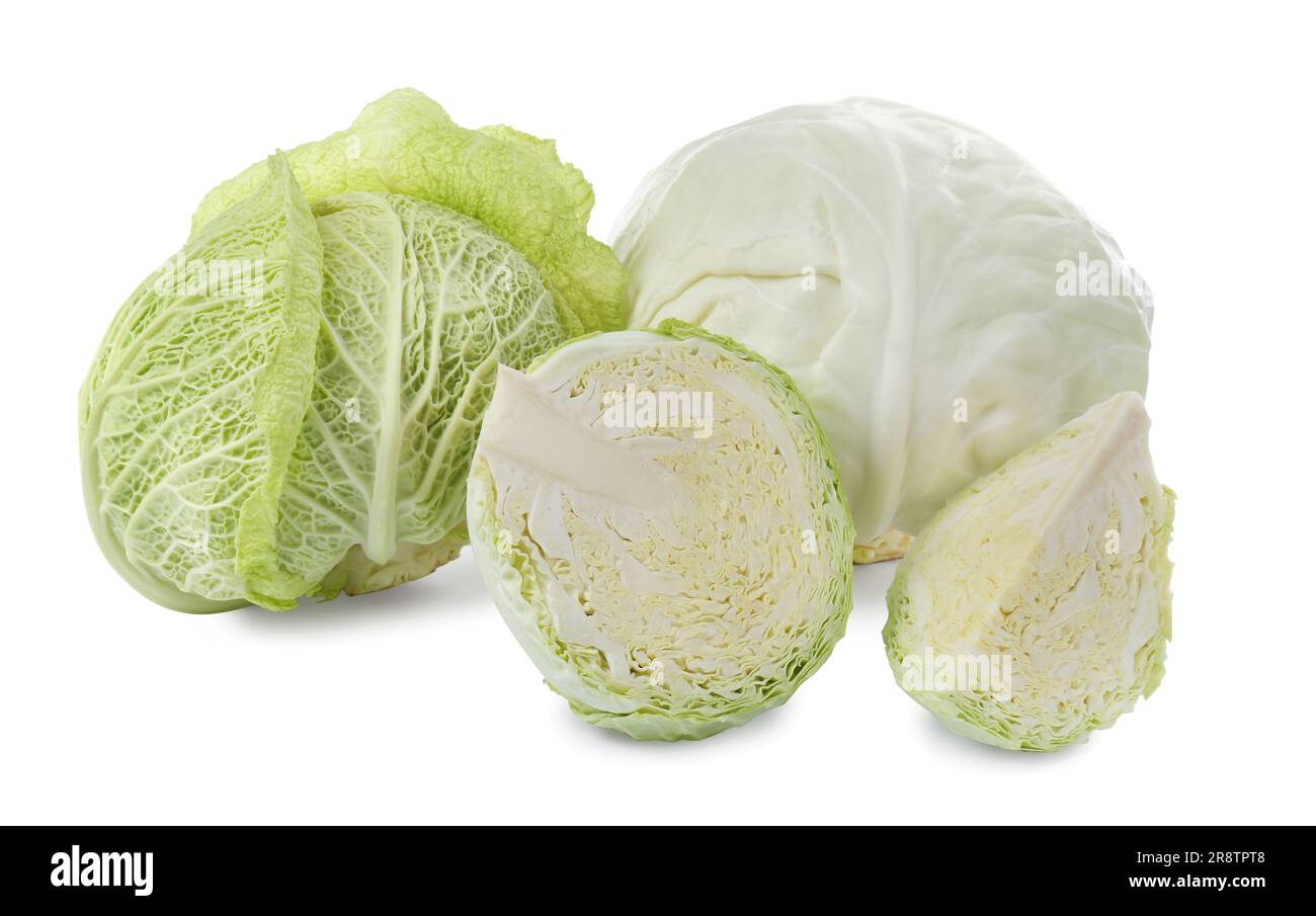 Different whole and cut types of cabbage on white background Stock ...
