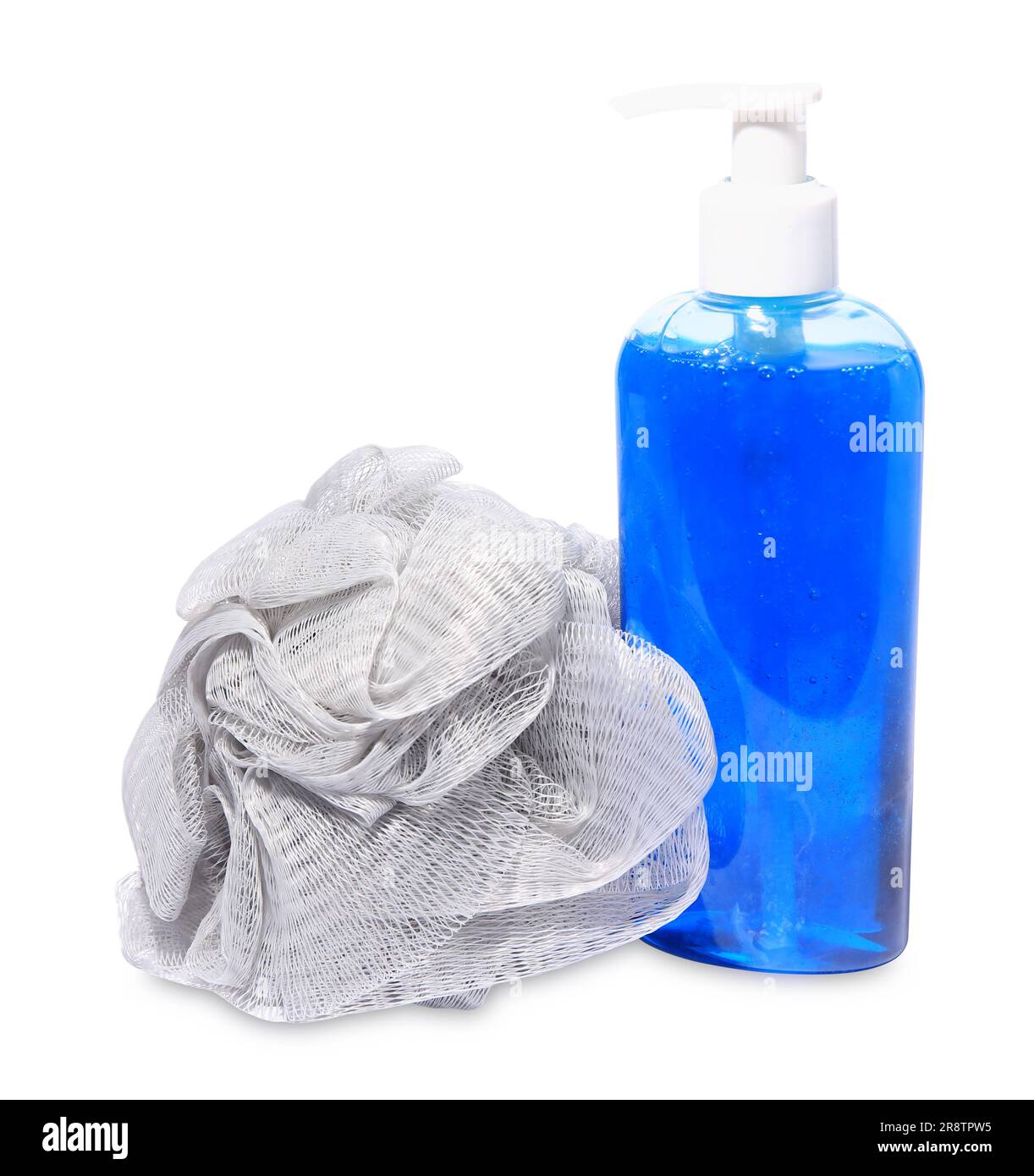 New grey shower puff and bottle of cosmetic product on white background ...