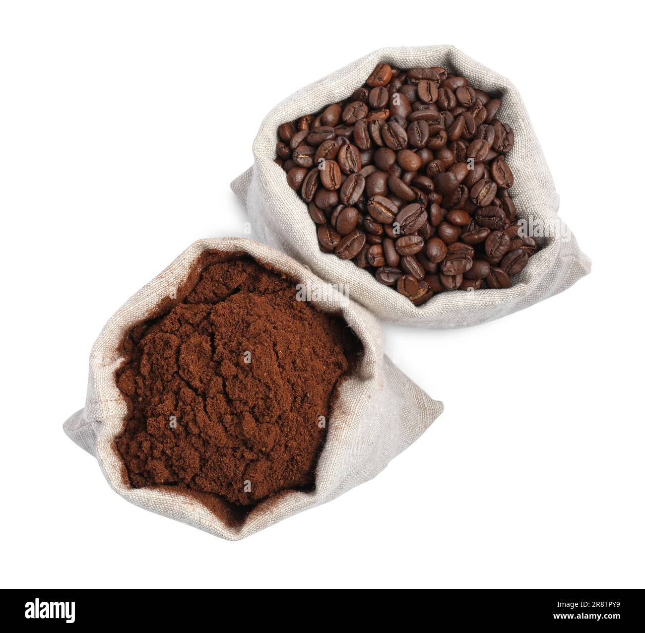 Bags with different types of coffee on white background, top view Stock ...