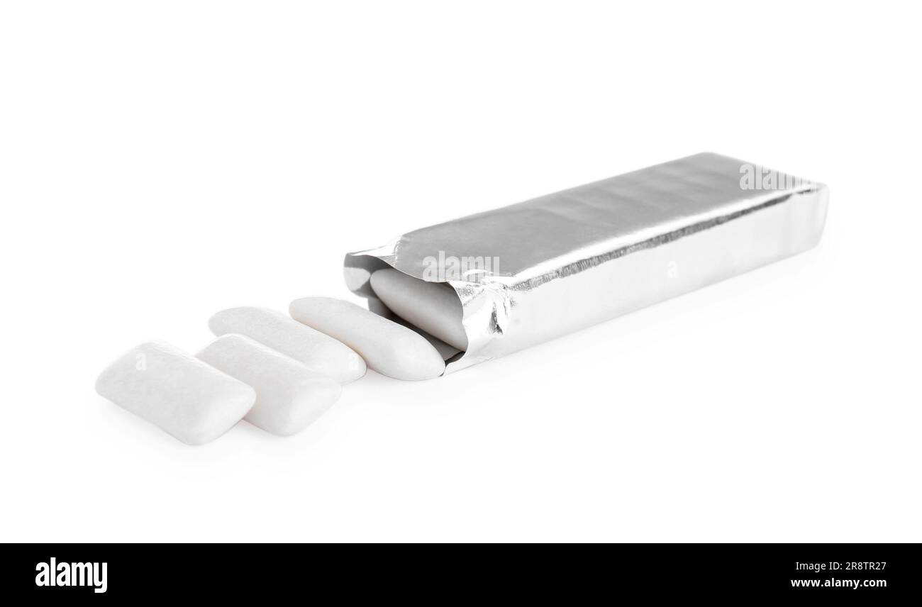 Tasty chewing gums in silver foil isolated on white Stock Photo - Alamy