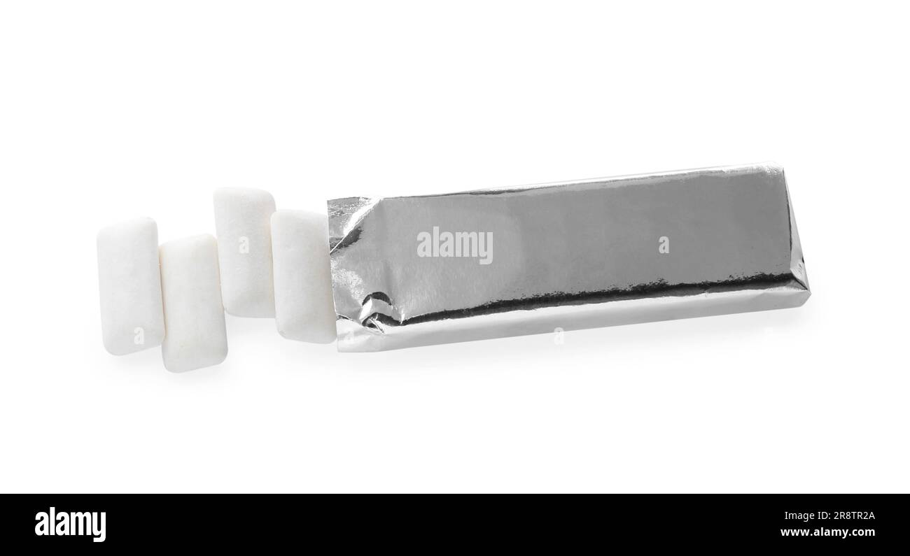 Tasty chewing gums in silver foil isolated on white Stock Photo - Alamy