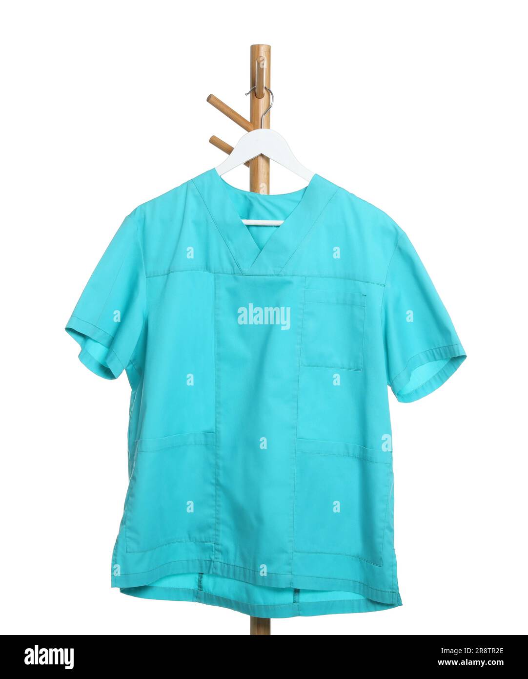 One turquoise medical uniform on rack against white background Stock ...