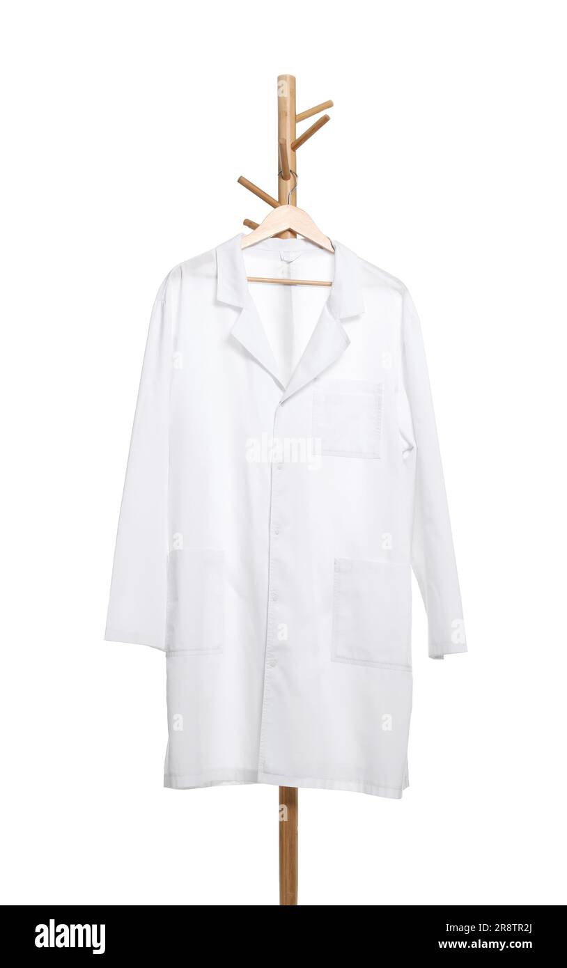 Doctor's gown on rack against white background. Medical uniform Stock ...