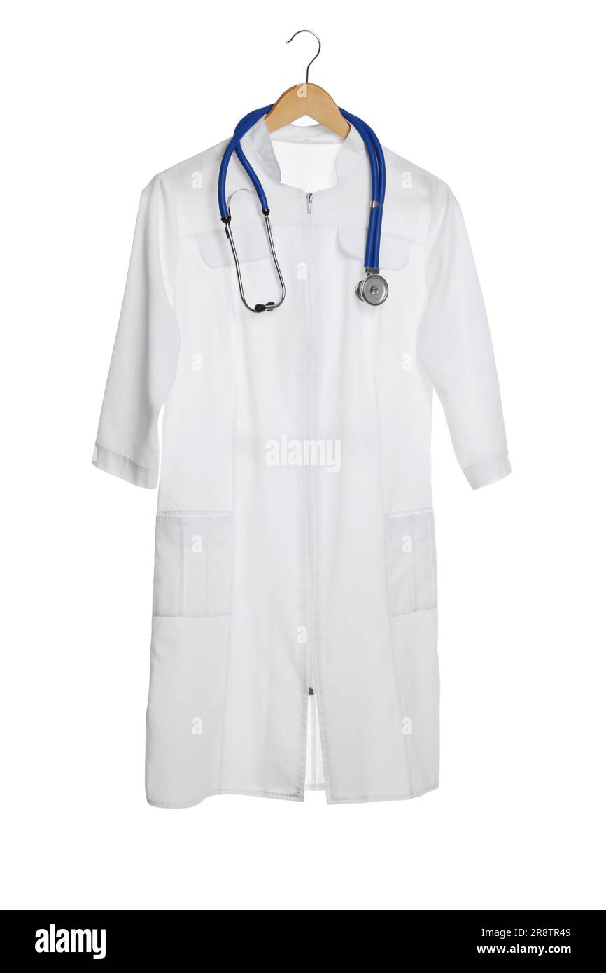 Doctor's gown and stethoscope isolated on white. Medical uniform Stock ...