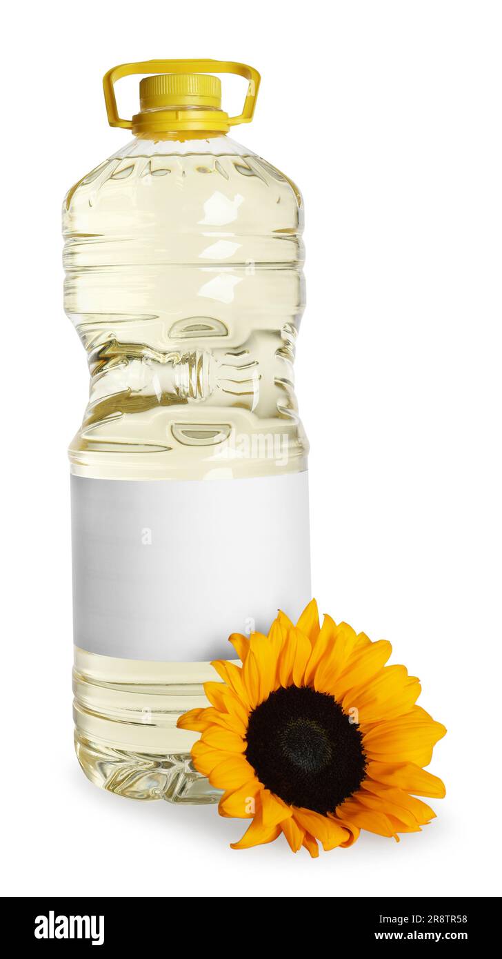 Sunflower cooking oil and yellow flower on white background Stock Photo ...