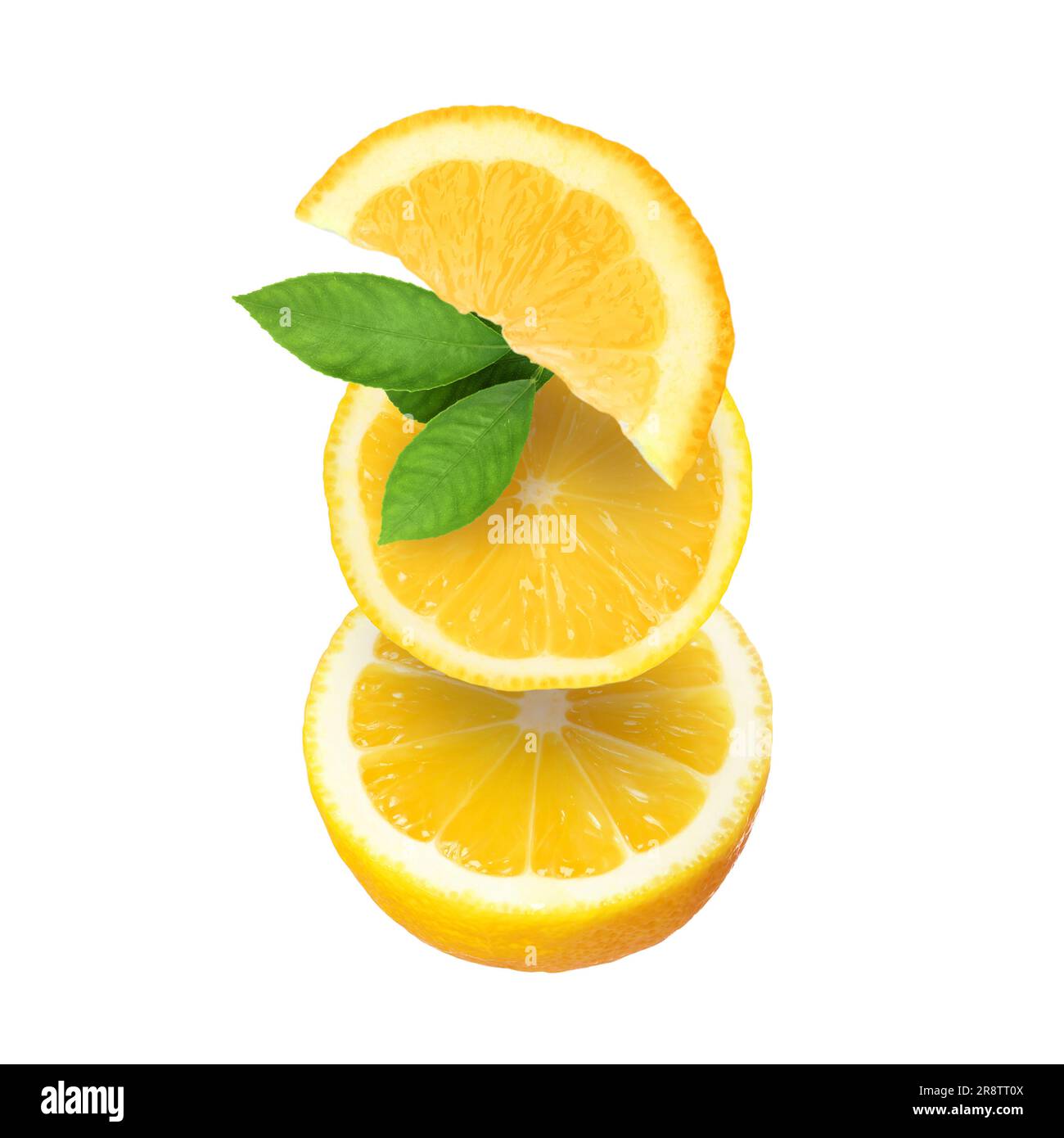 Cut fresh lemons with green leaves isolated on white Stock Photo - Alamy