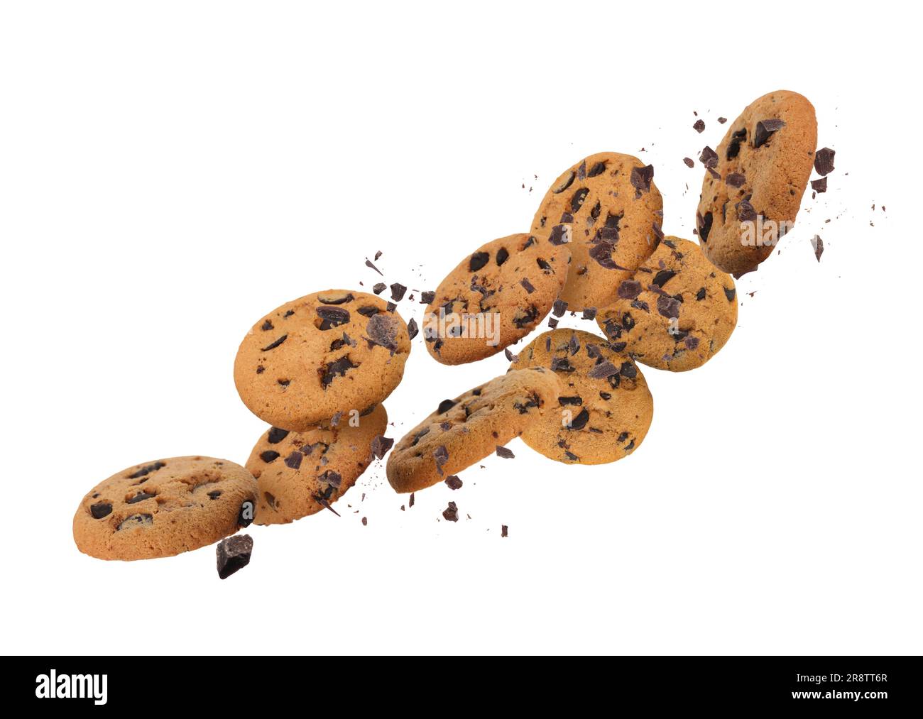 Tasty chocolate chip cookies falling on white background Stock Photo ...