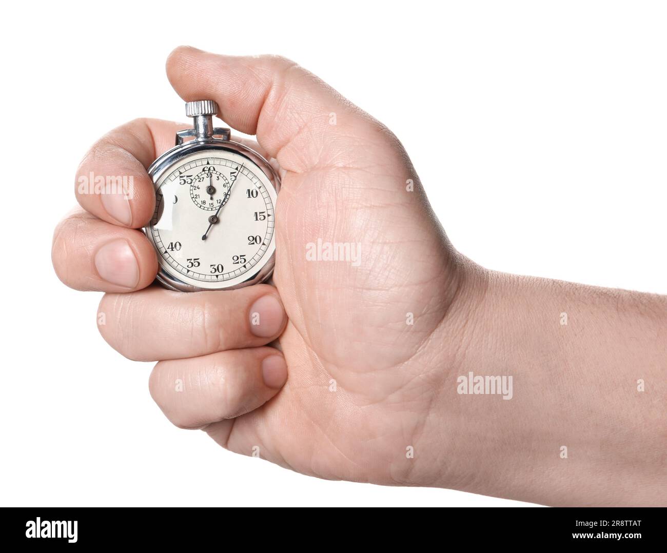Man holding vintage timer on white background, closeup Stock Photo - Alamy
