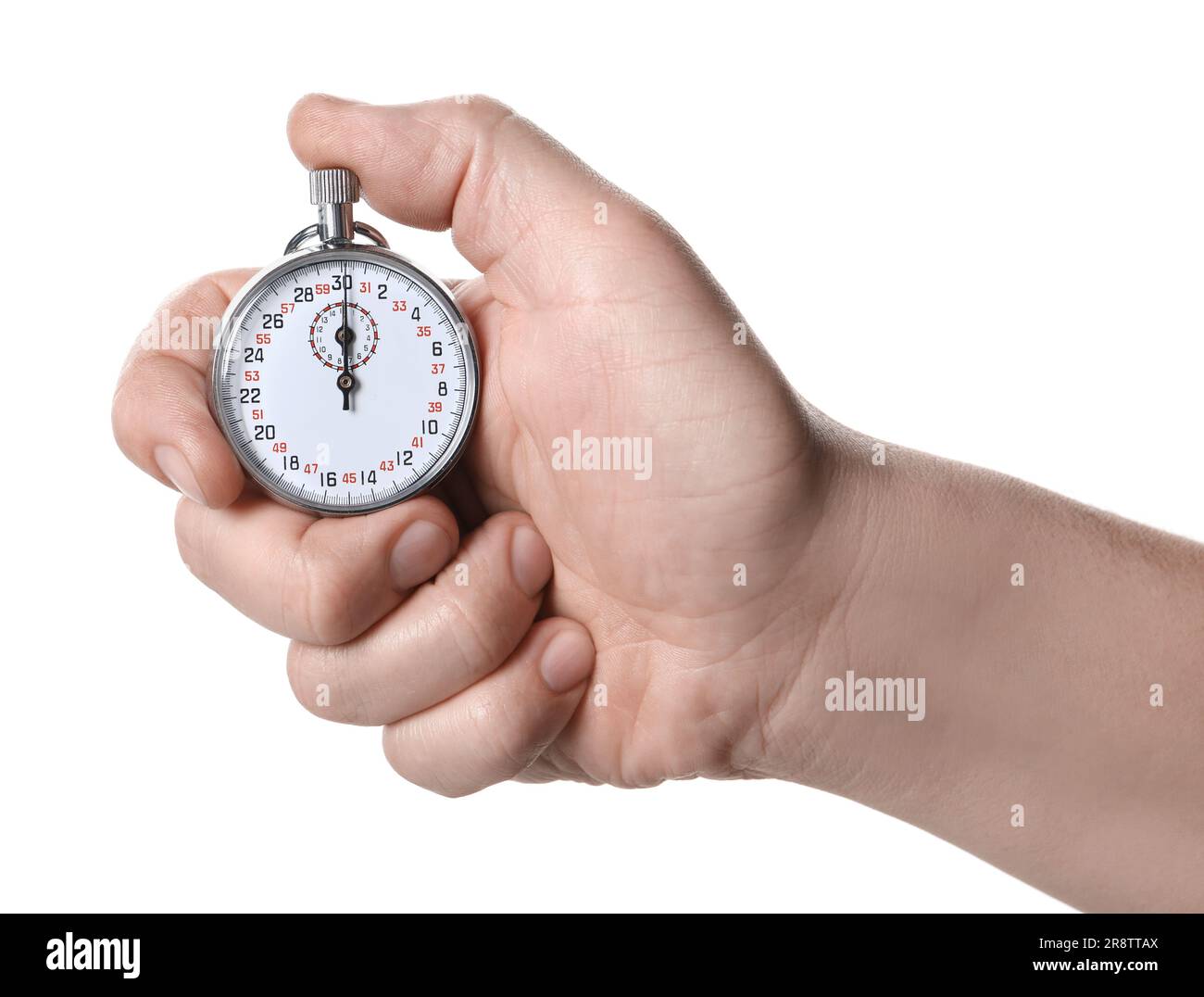 Man holding vintage timer on white background, closeup Stock Photo - Alamy