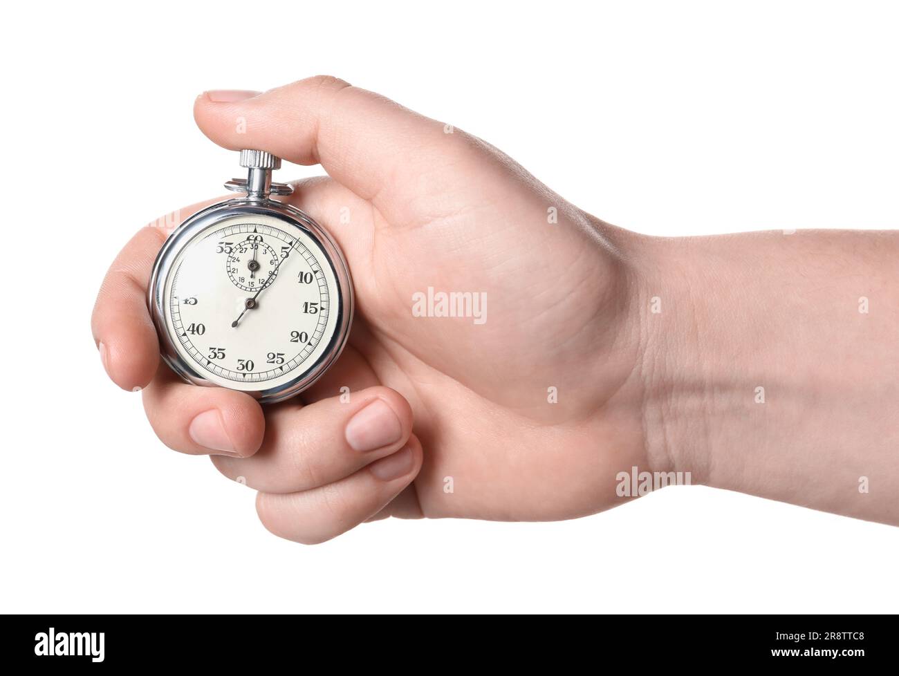 Man holding vintage timer on white background, closeup Stock Photo - Alamy