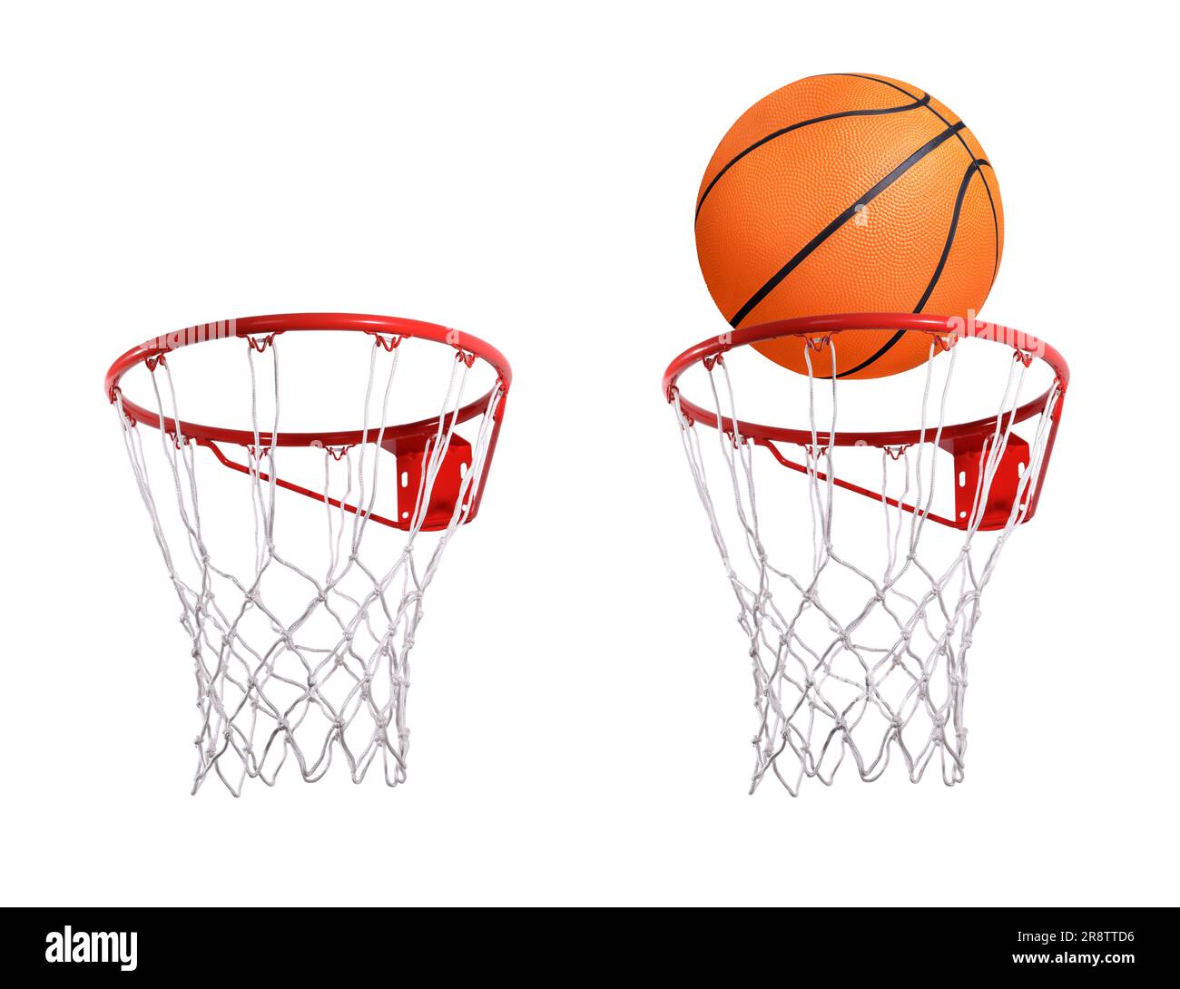 Collage of basketball ball and hoop isolated on white Stock Photo - Alamy
